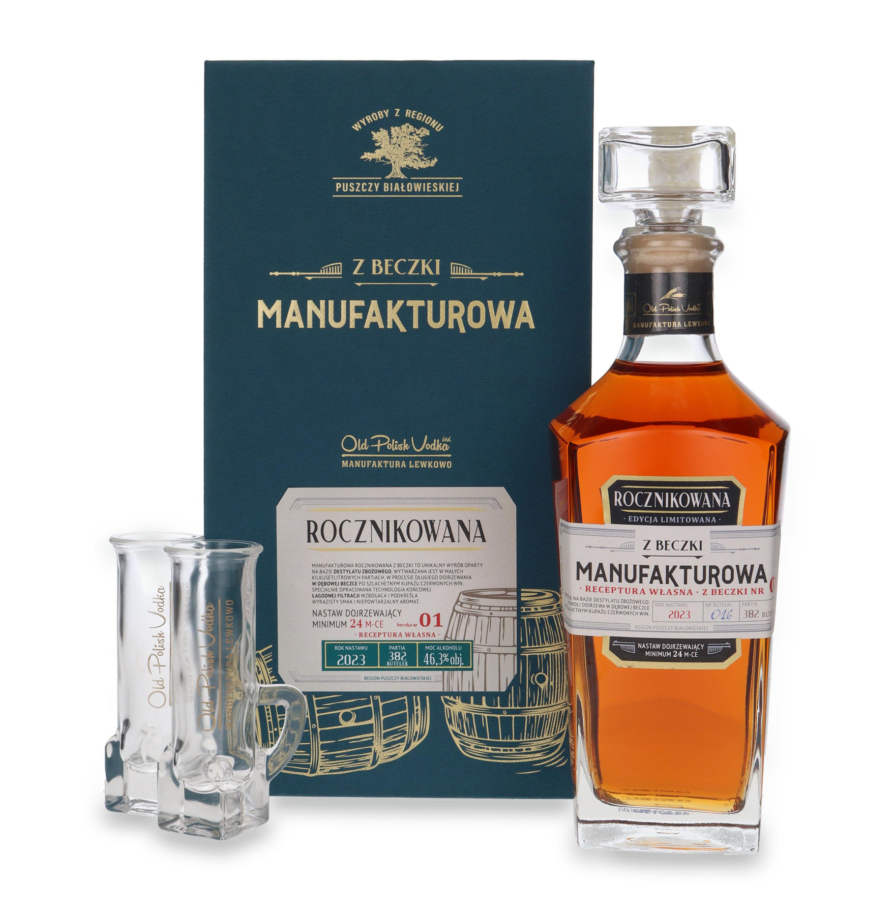 Wódka Manufakturowa Rocznikowa z Beczki 2023 + 2 kieliszki / 46,3% / 0 ...